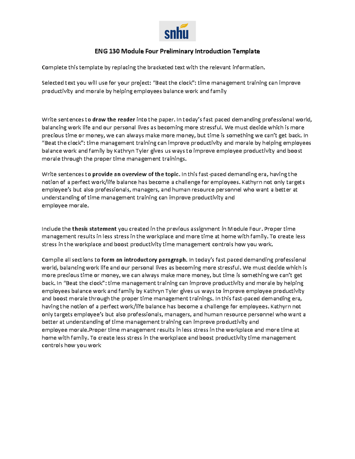 ENG 130 Module 4 Intro Template for Time Management Training Essay ...