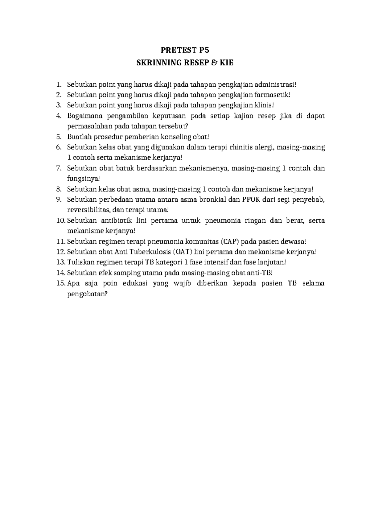 Pretest P5: Pengkajian Resep dan Konseling Obat 2025 - Studocu