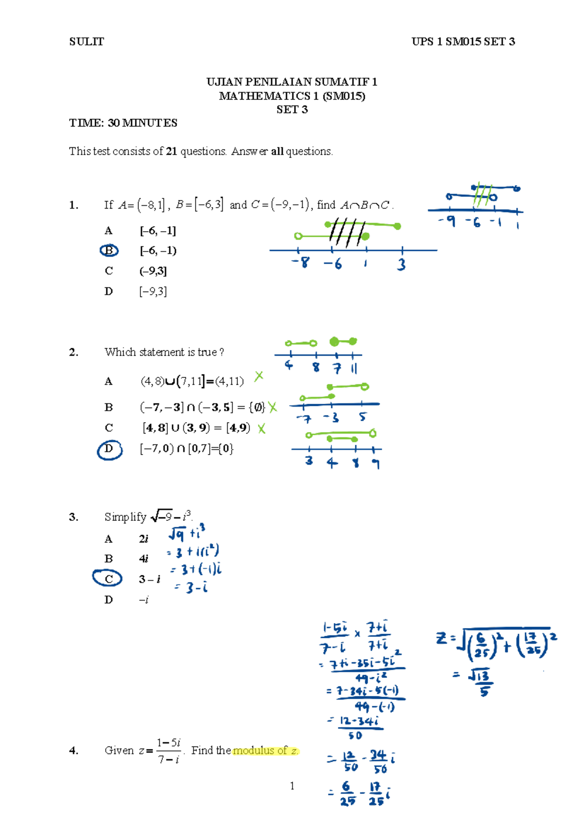SULIT UPS 1 SM015 MATHEMATICS 1 SET 3 QUESTION PAPER - Studocu