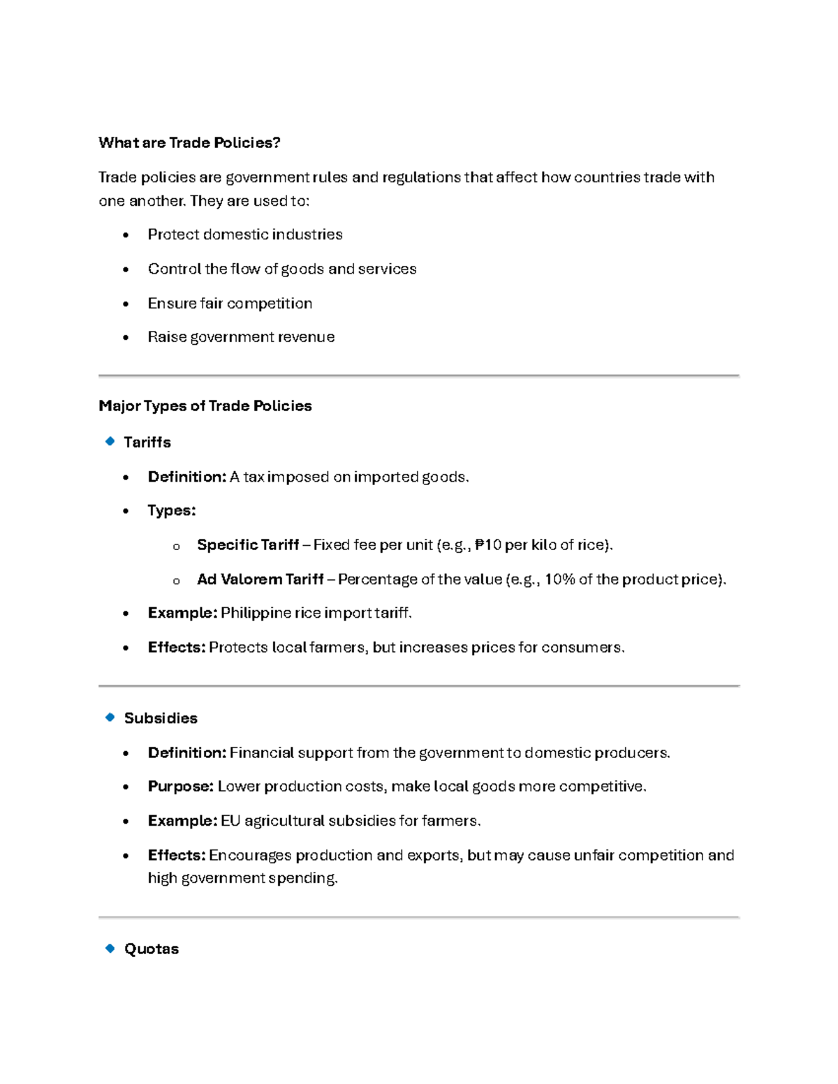Trade Policies Overview: Types, Effects, and Examples - Studocu