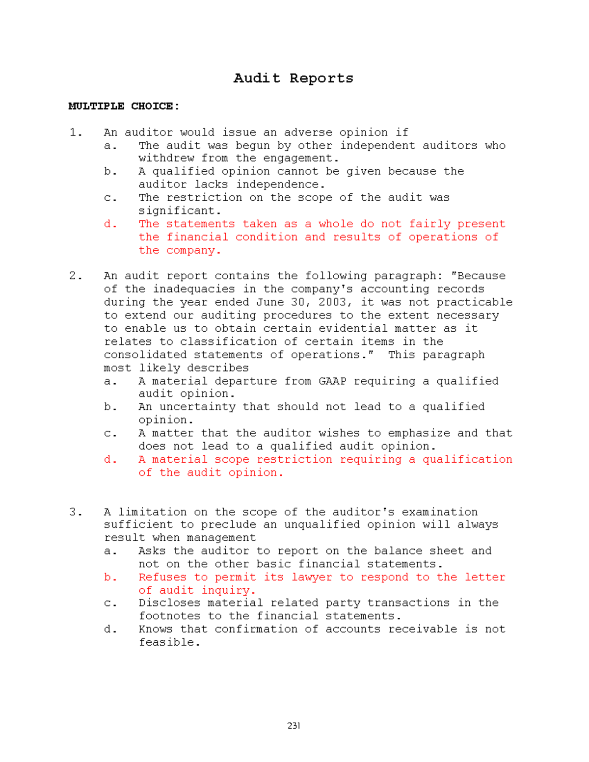 Ch14 Audit Reports wans - 231 Audit Reports MULTIPLE CHOICE: An auditor ...