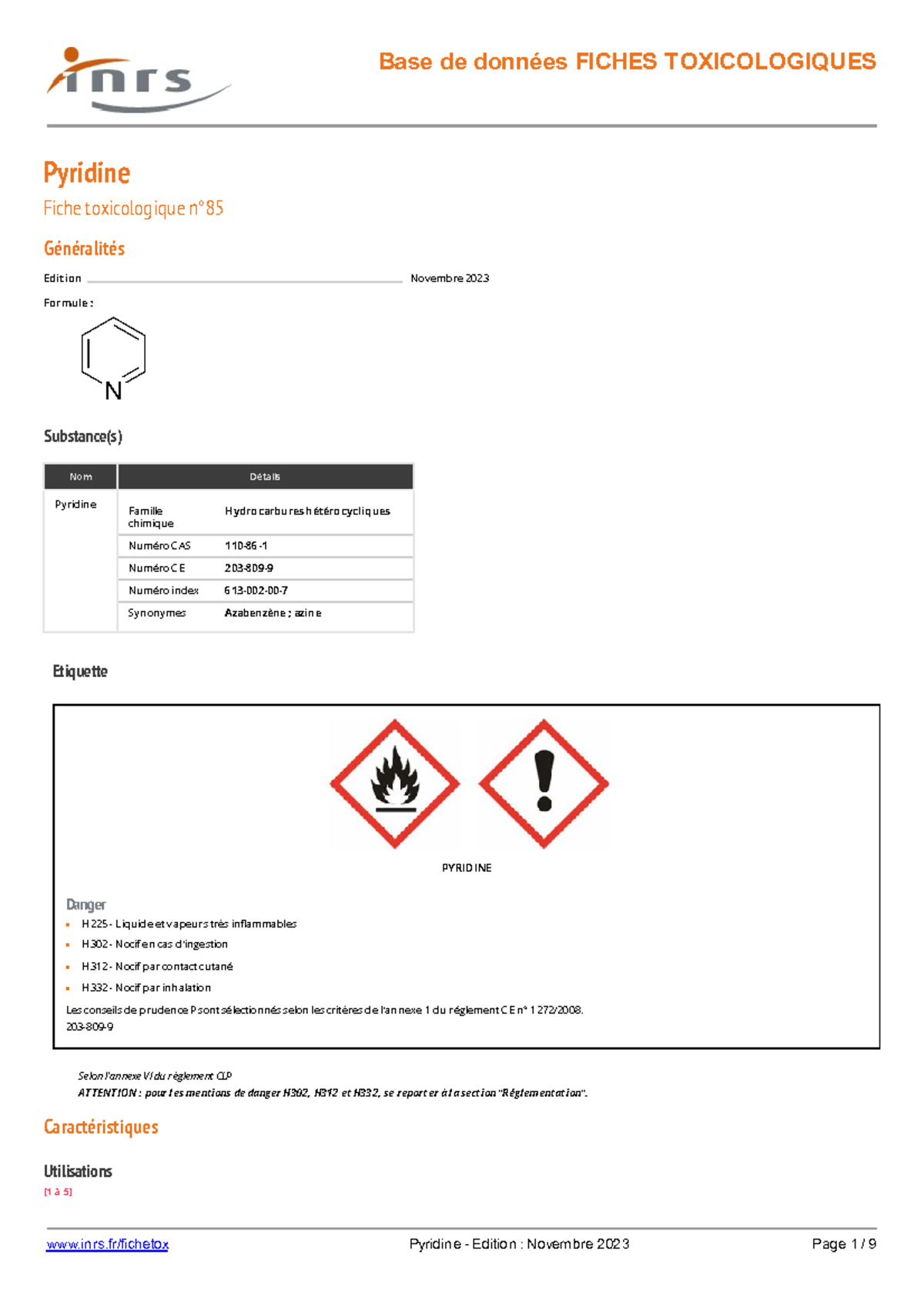 Fiche Tox 85 - Pyridine : Dangers et Propriétés Toxicologiques - Studocu