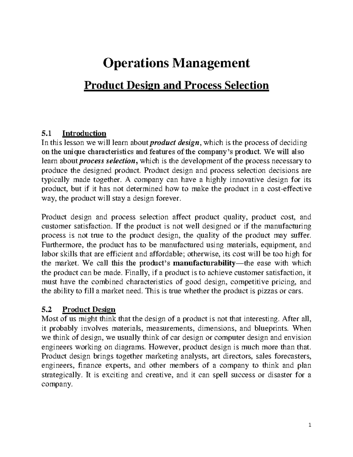 Operations Management: Product Design & Process Selection (05) - Studocu