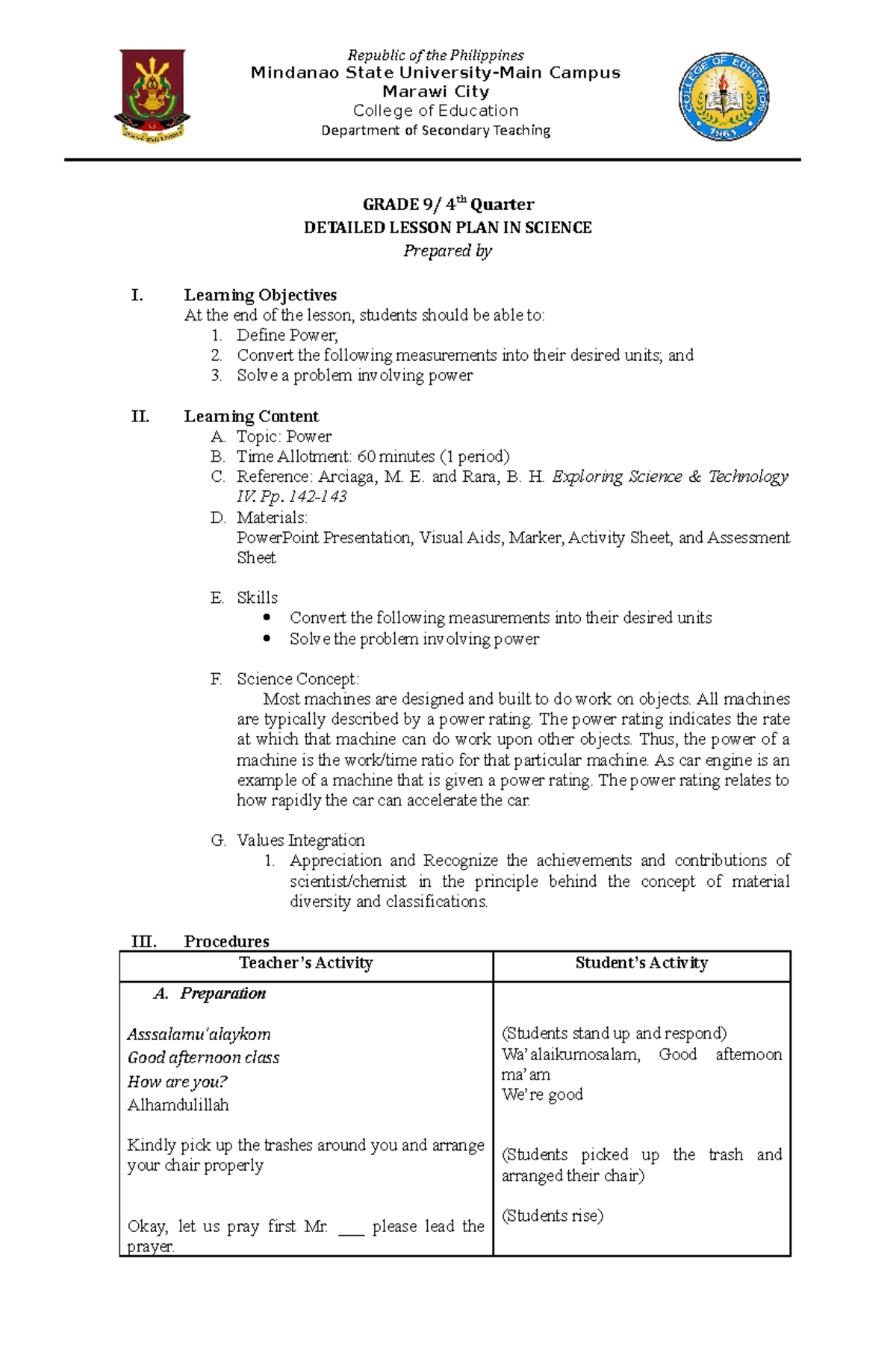 Detailed Lesson Plan: Understanding Power in Science (Grade 9) - Studocu