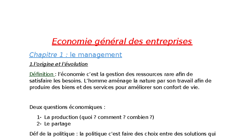 Economie Générale des Entreprises - Chapitre 1 : Management et Ressources - Studocu