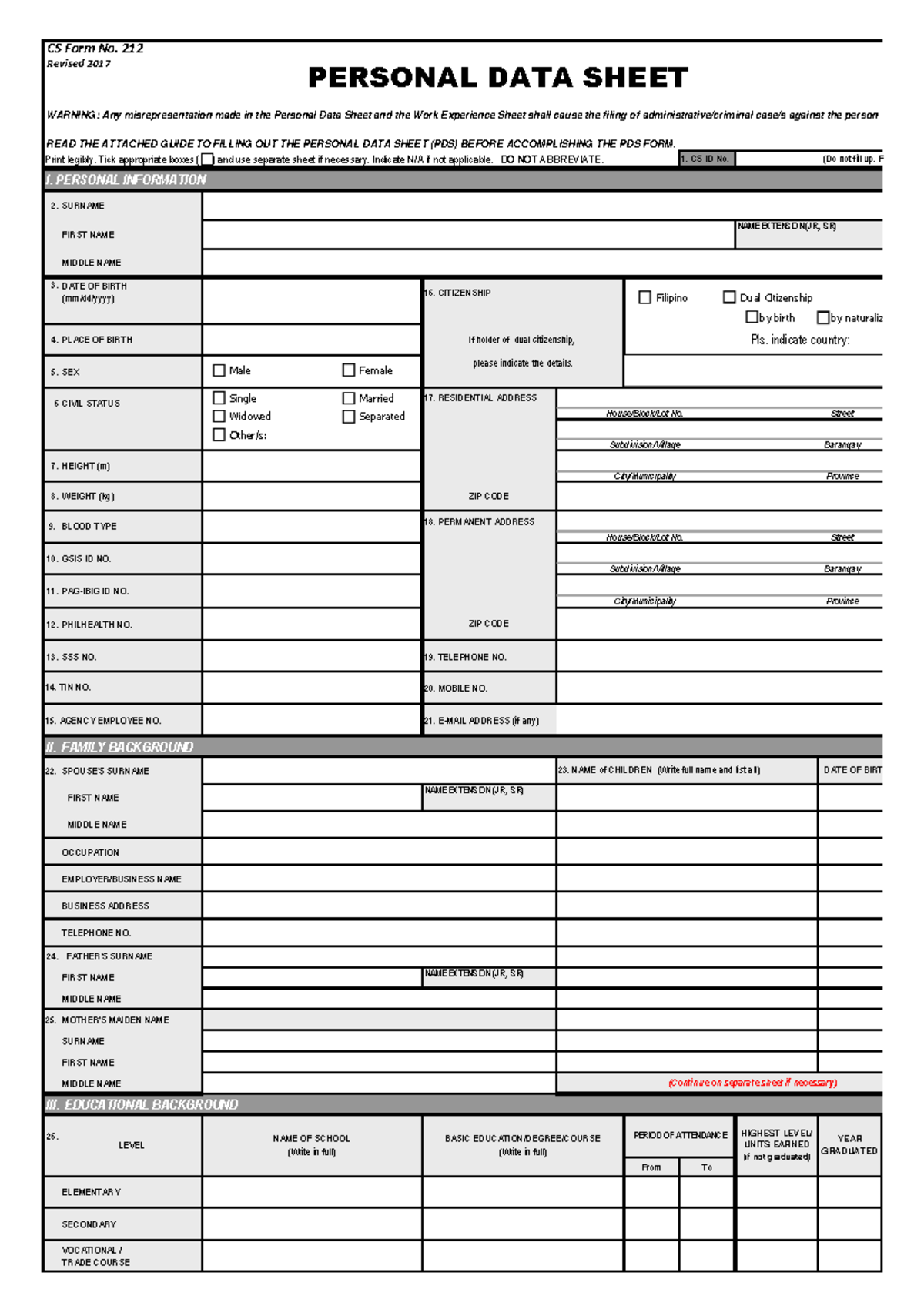 CS Form 212 - Comprehensive Personal Data Sheet Guide - Studocu