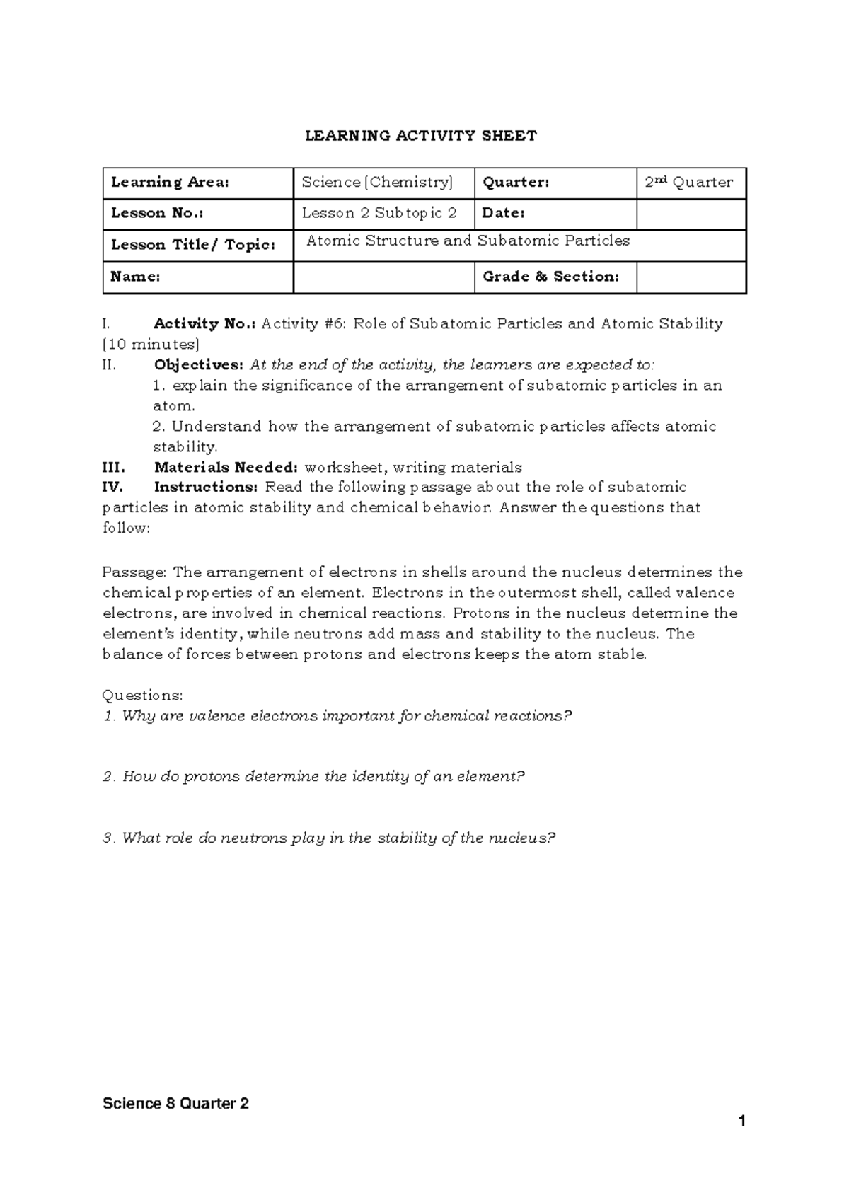 Science 8 Q2 Lesson 2: Atomic Structure & Subatomic Particles Activity ...