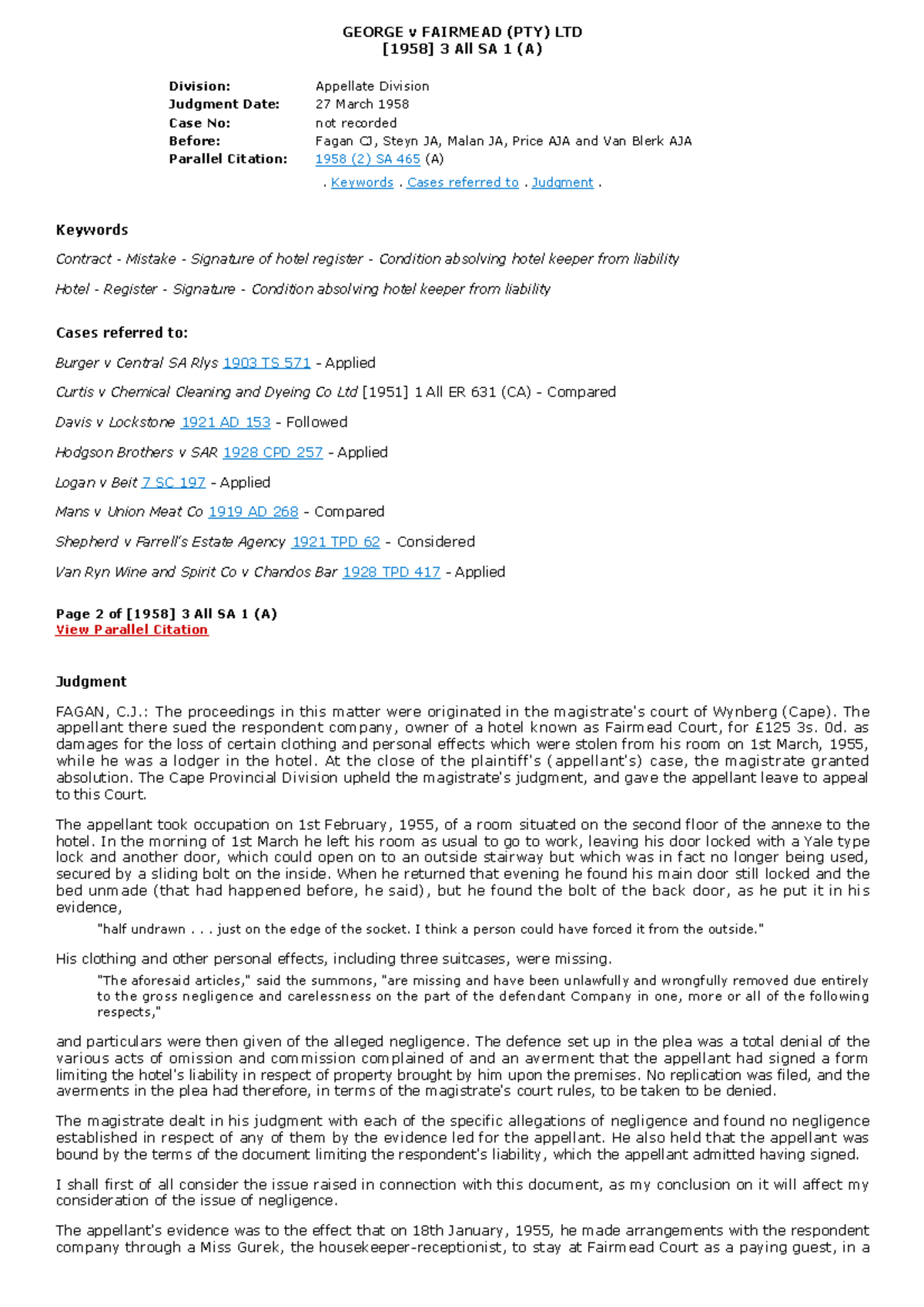 George v Fairmead (PTY) LTD 1958: Appellate Division Judgment Analysis ...