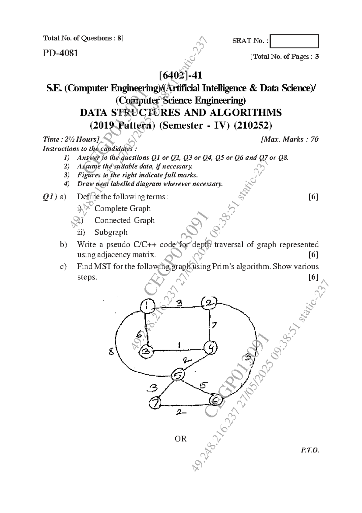 DATA STRUCTURES AND ALGORITHMS (210252) - Practice Exam Questions - Studocu
