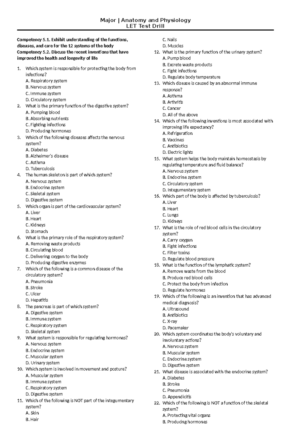 Major Anaphy - Anatomy and Physiology LET Test Drill Questions - Studocu