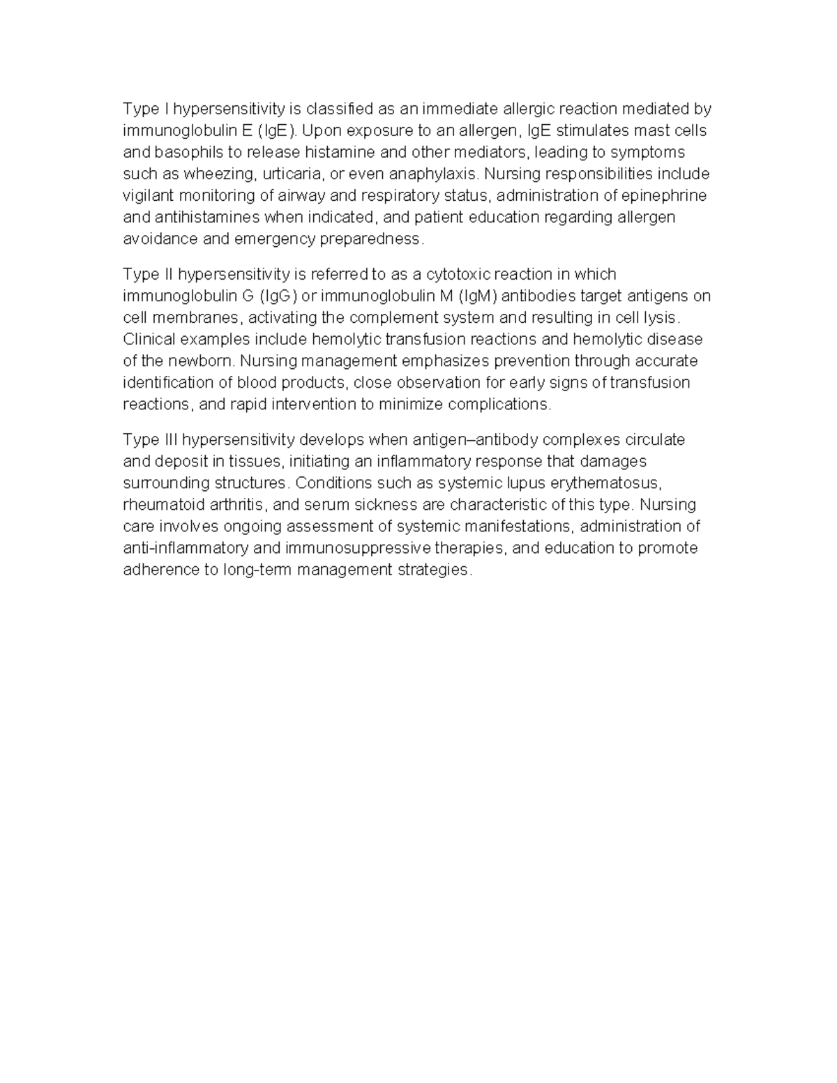 Hypersensitivity Nursing Summary: Types I-III Overview and Management ...