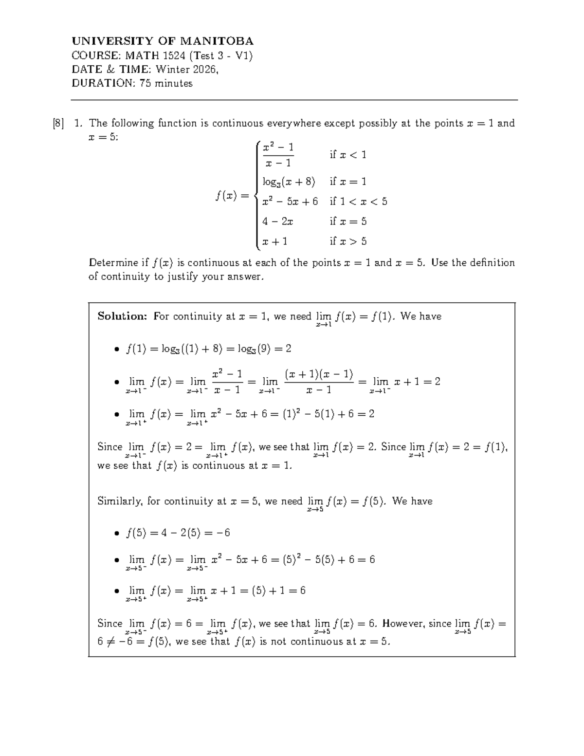 Test 3 - V1 - Sample Midterm for MATH 1524 at University of Manitoba ...