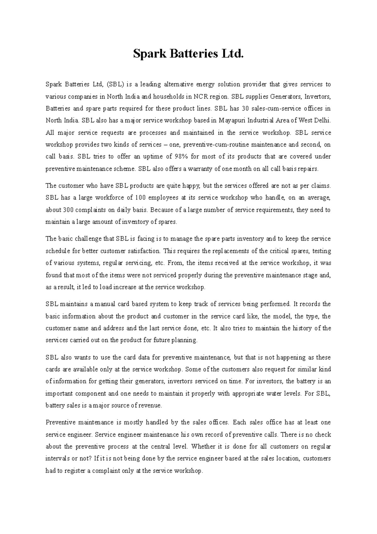 SBL Case Study: Challenges in Service Management and Inventory Control ...