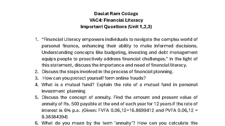 Daulat Ram College VAC4: Financial Literacy Key Questions (Units 1-3 ...