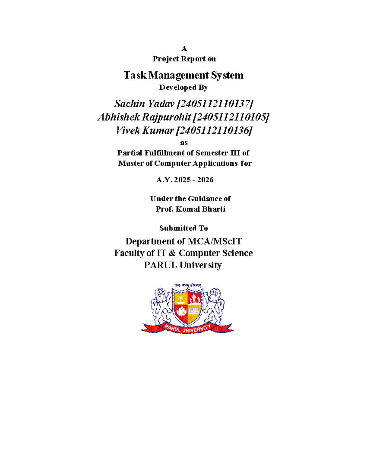 Task Management System Project Report (MCA 2025-2026) - Studocu