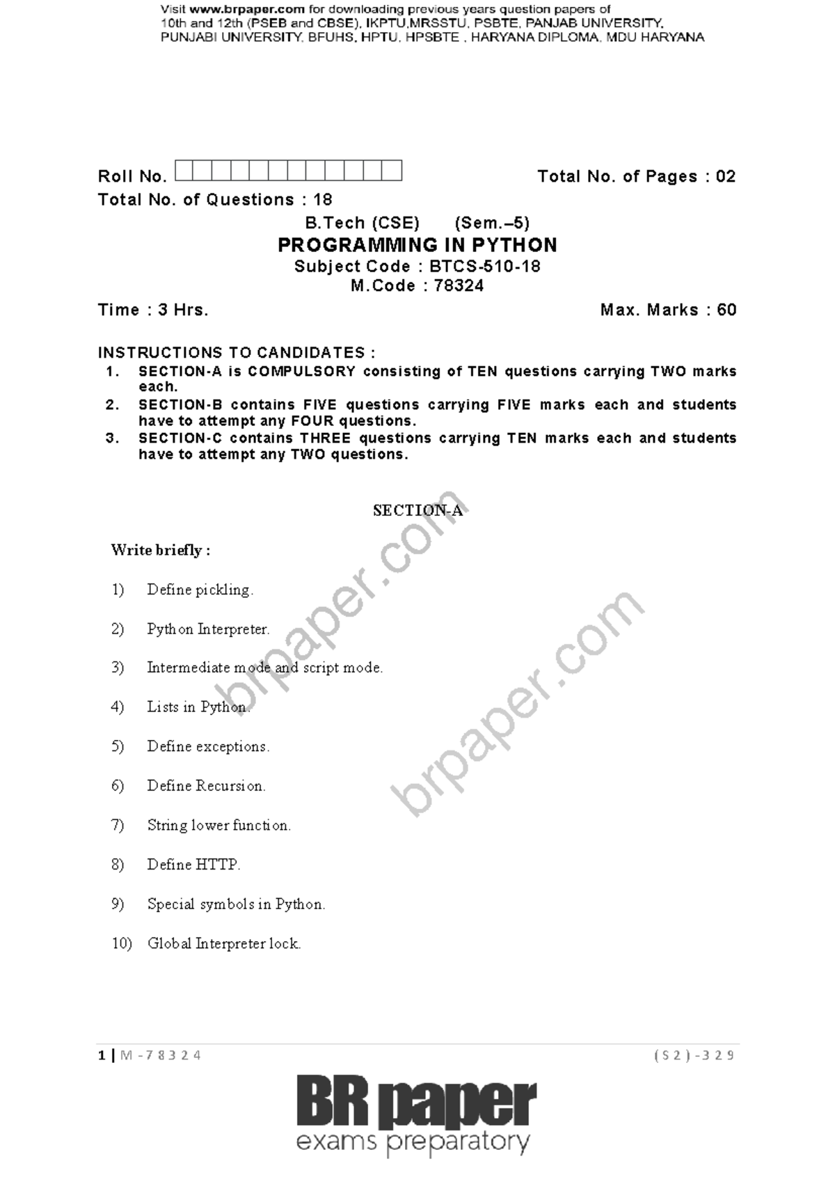 B.Tech (CSE) M.Code: 78324 Programming in Python Exam Dec 2021 - Studocu