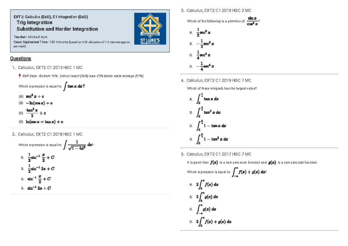 Integration Revision for EXT2 C1 2019 HSC Exam - Studocu