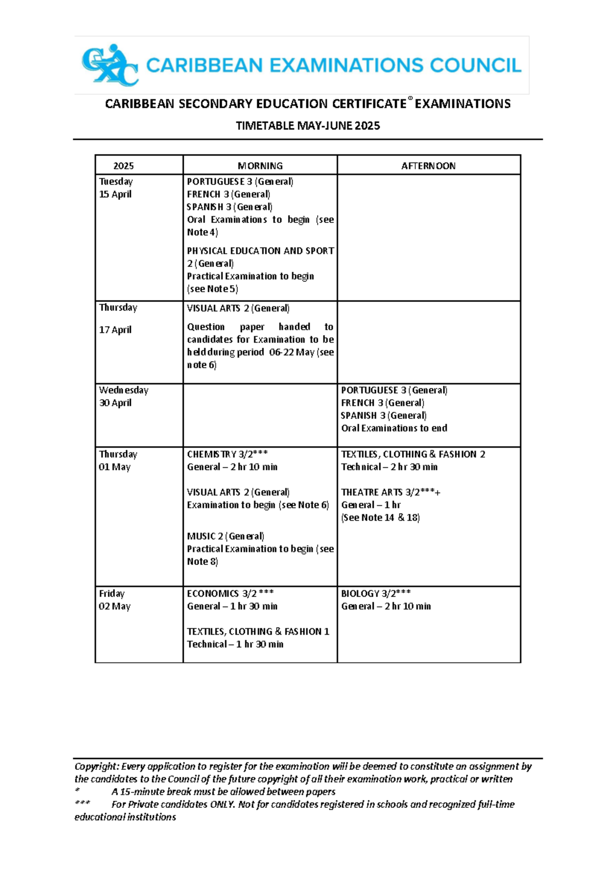 CSEC Timetable for May-June 2025 Examinations - Studocu