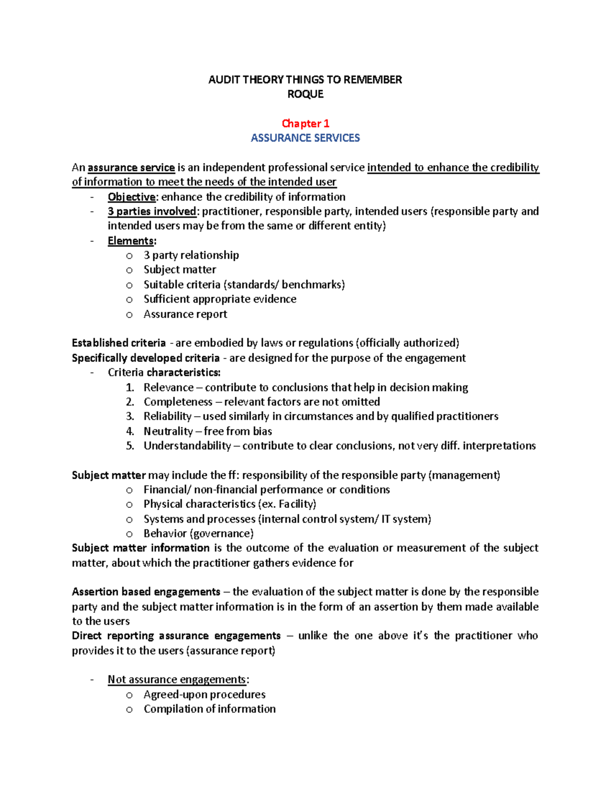 Roque Audit Theory Notes: Key Concepts and Overview for CPA Exam - Studocu