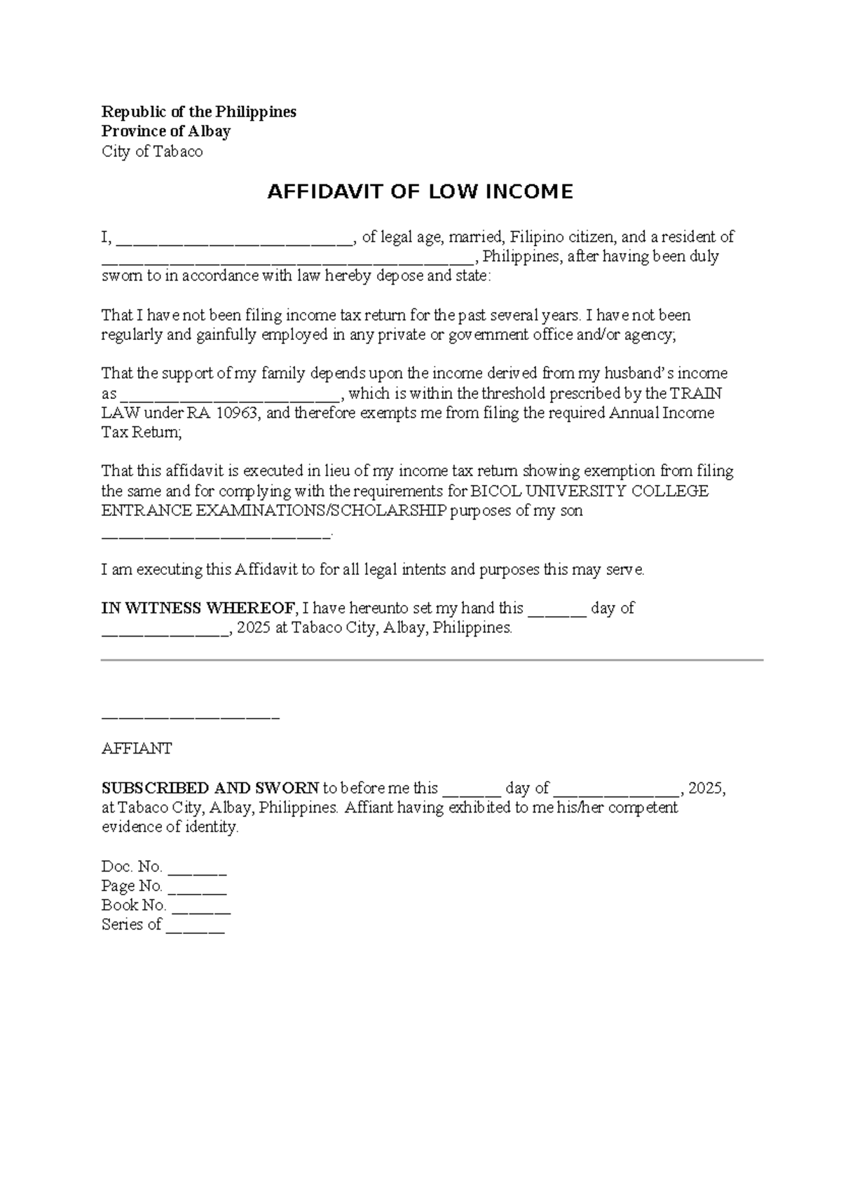Affidavit of Low Income for Bicol University Entrance Requirements ...