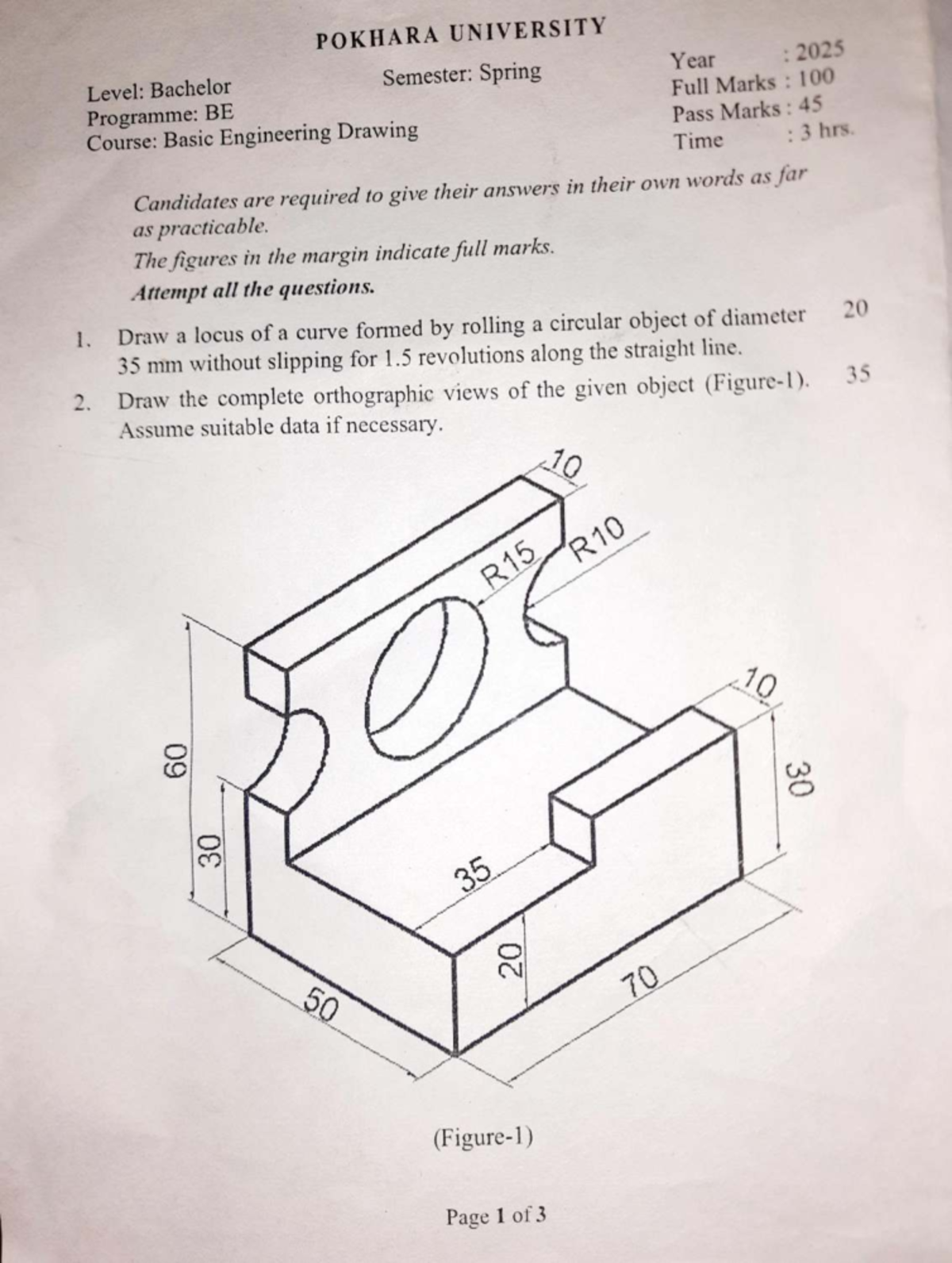 BE 2025 Spring: Basic Engineering Drawing Exam Questions - Studocu