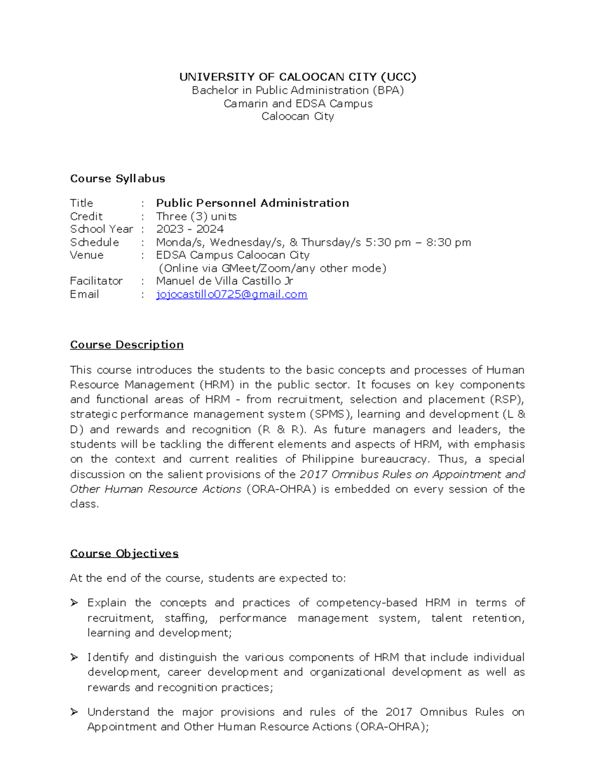 Syllabus BPA PAC 007: Public Personnel Admin Course Overview - Studocu