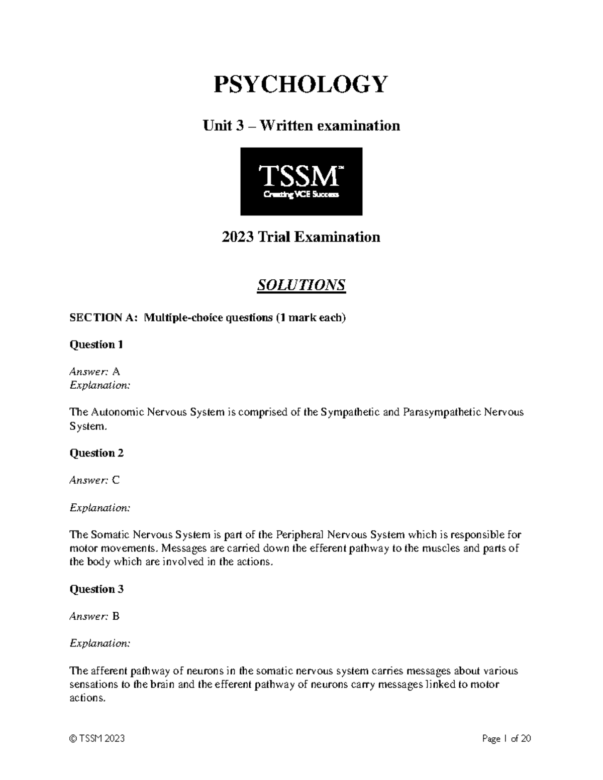 TSSM PSYCHOLOGY Unit 3 2023 Trial Exam Solutions - Studocu