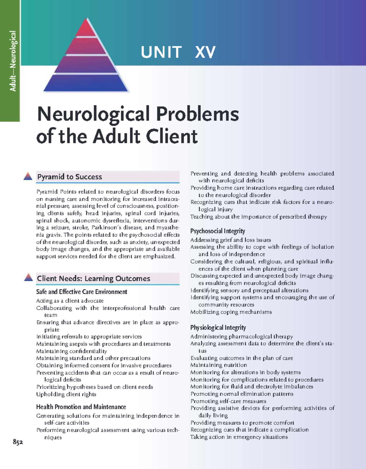 UNIT XV Neurological Problems of the Adult Client: Nursing Care and ...