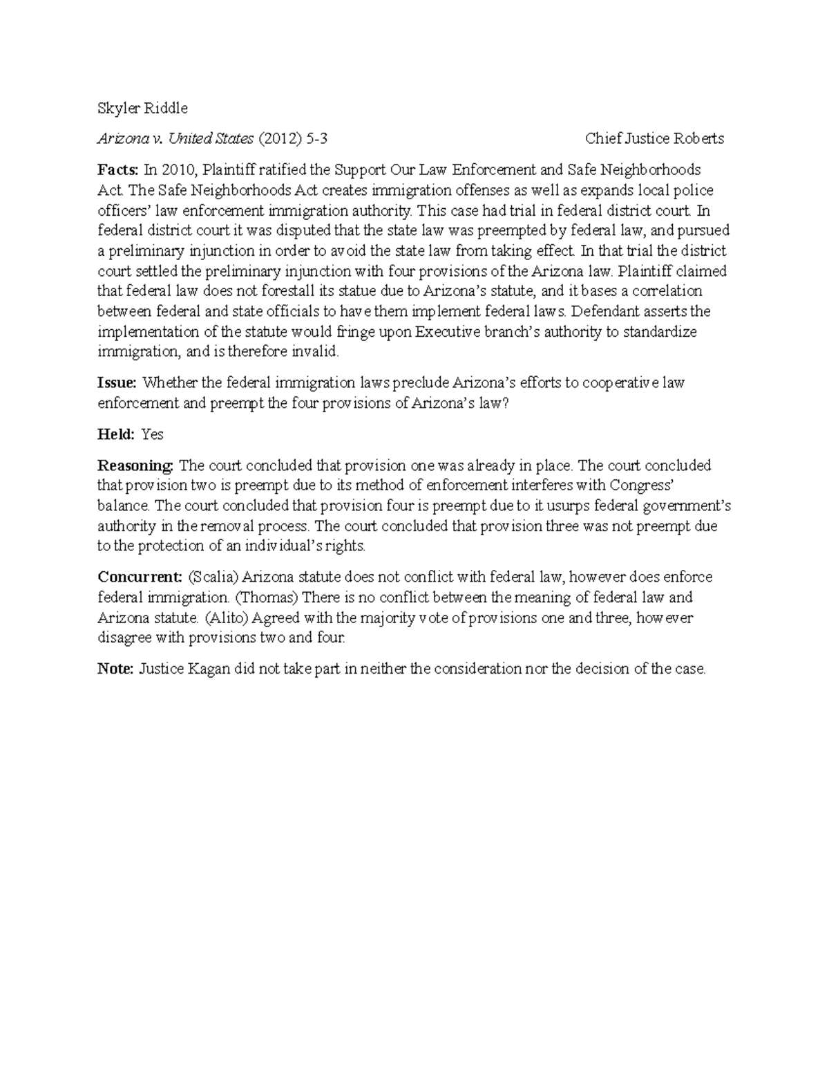 Arizona v. United States - Skyler Riddle Arizona v. United States (2012 ...