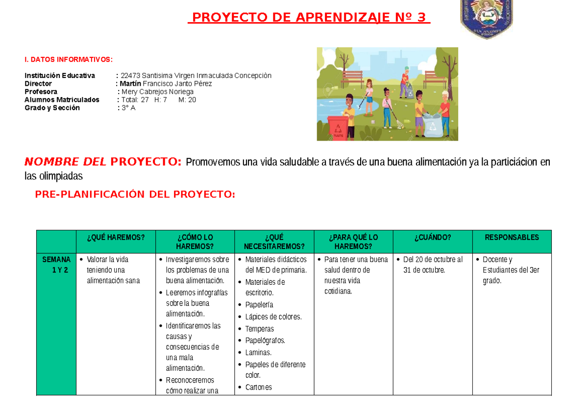 Proyecto de Aprendizaje Nº 3: Promoviendo Hábitos Saludables en 3er ...