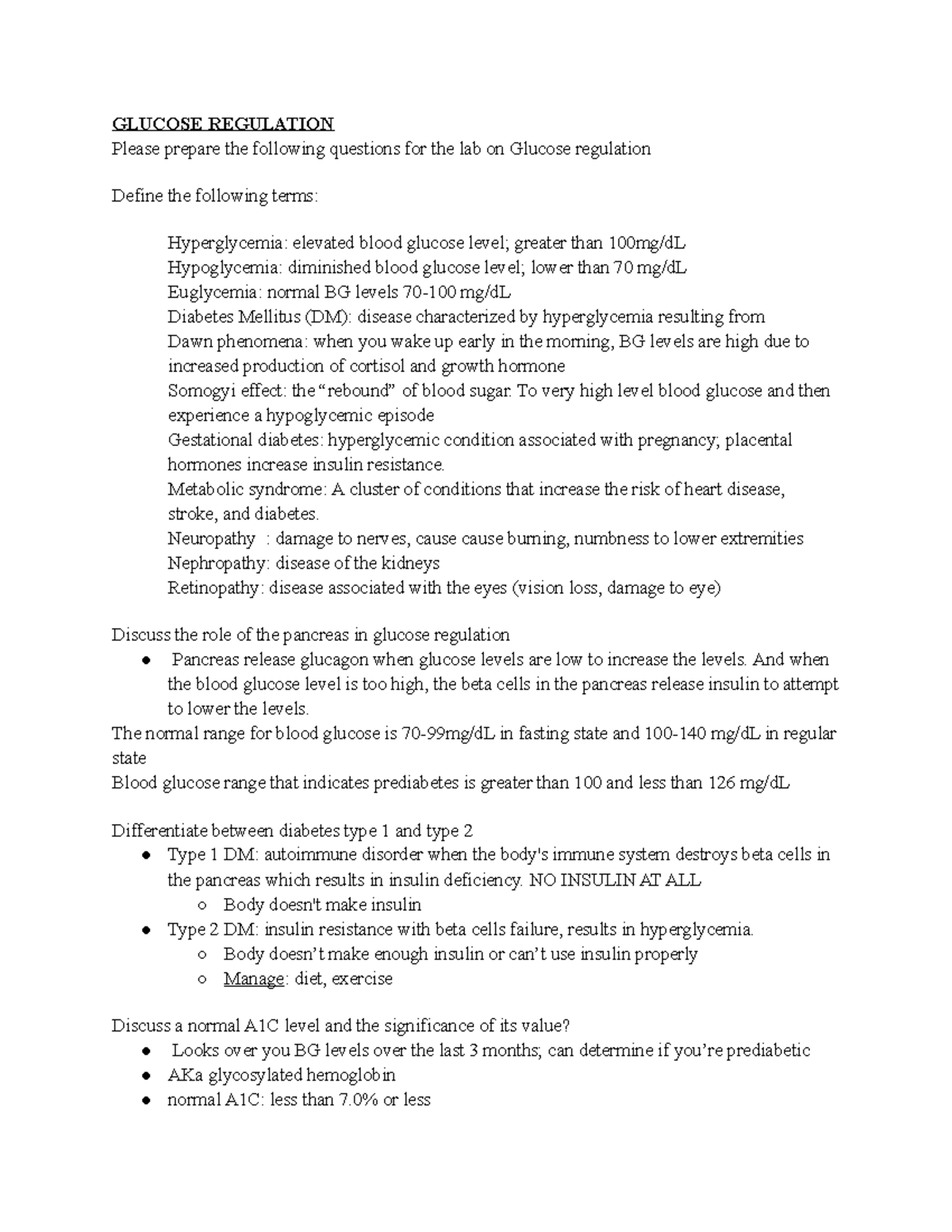 Glucose Regulation - Dr. Brown - GLUCOSE REGULATION Please prepare the ...