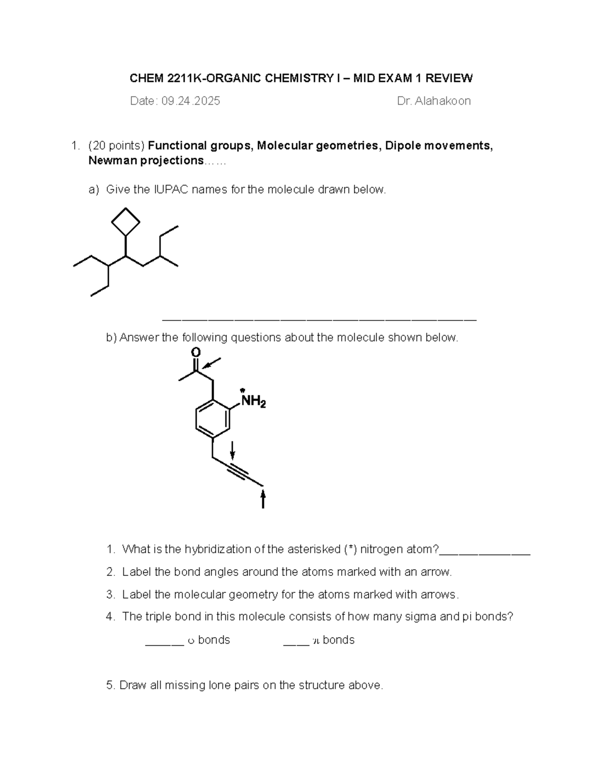 CHEM 2211K - Organic Chemistry I - Midterm Exam 1 Review Guide - Studocu