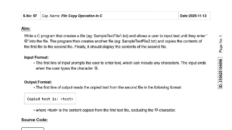 C Programming: File Copy Operation (Exp. 57) - ID: 310625104096 - Studocu