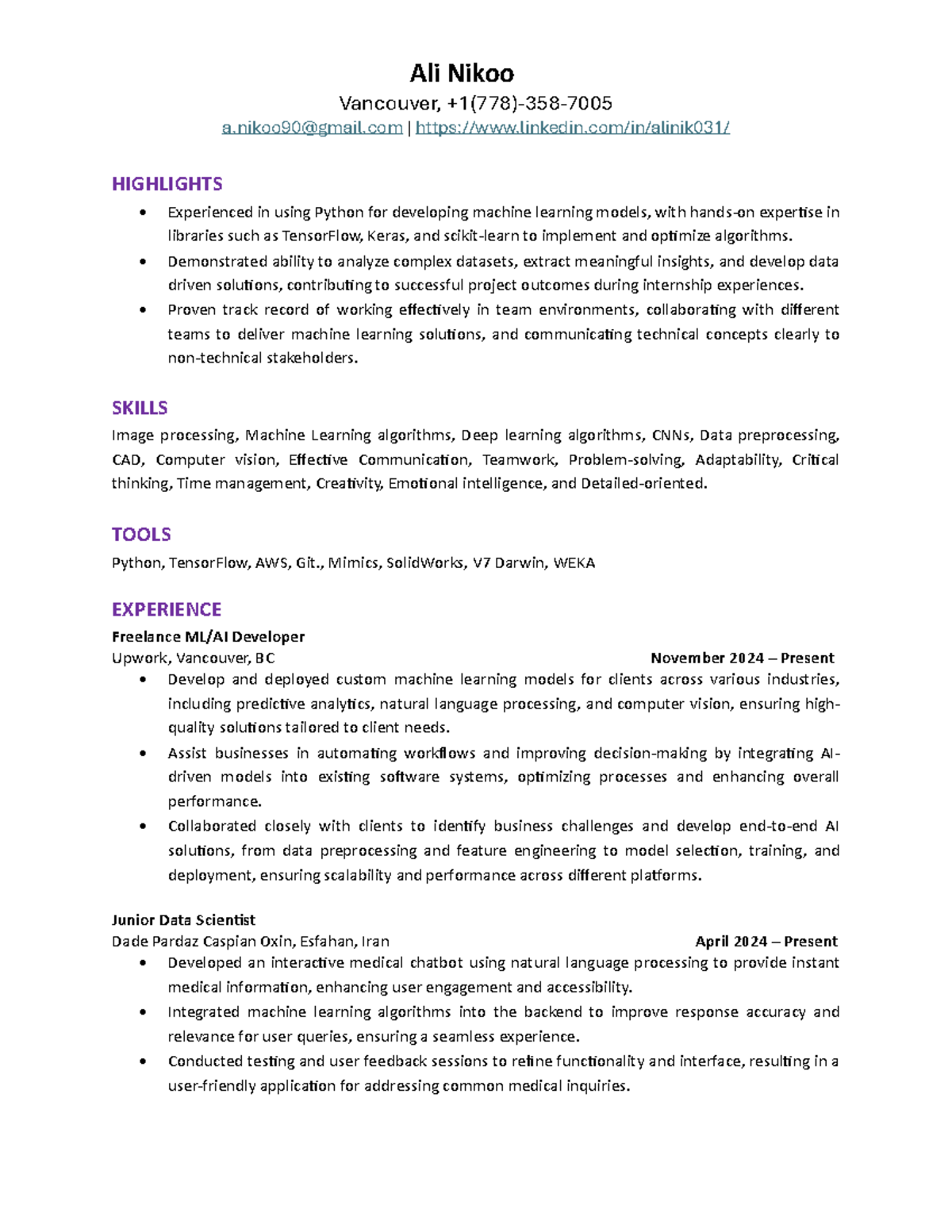 Resume: Ali Nikoo - Machine Learning & Python Developer - Studocu