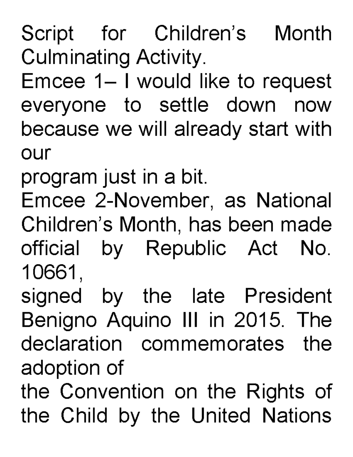 Script for National Children's Month 2023 Culminating Activity - Studocu