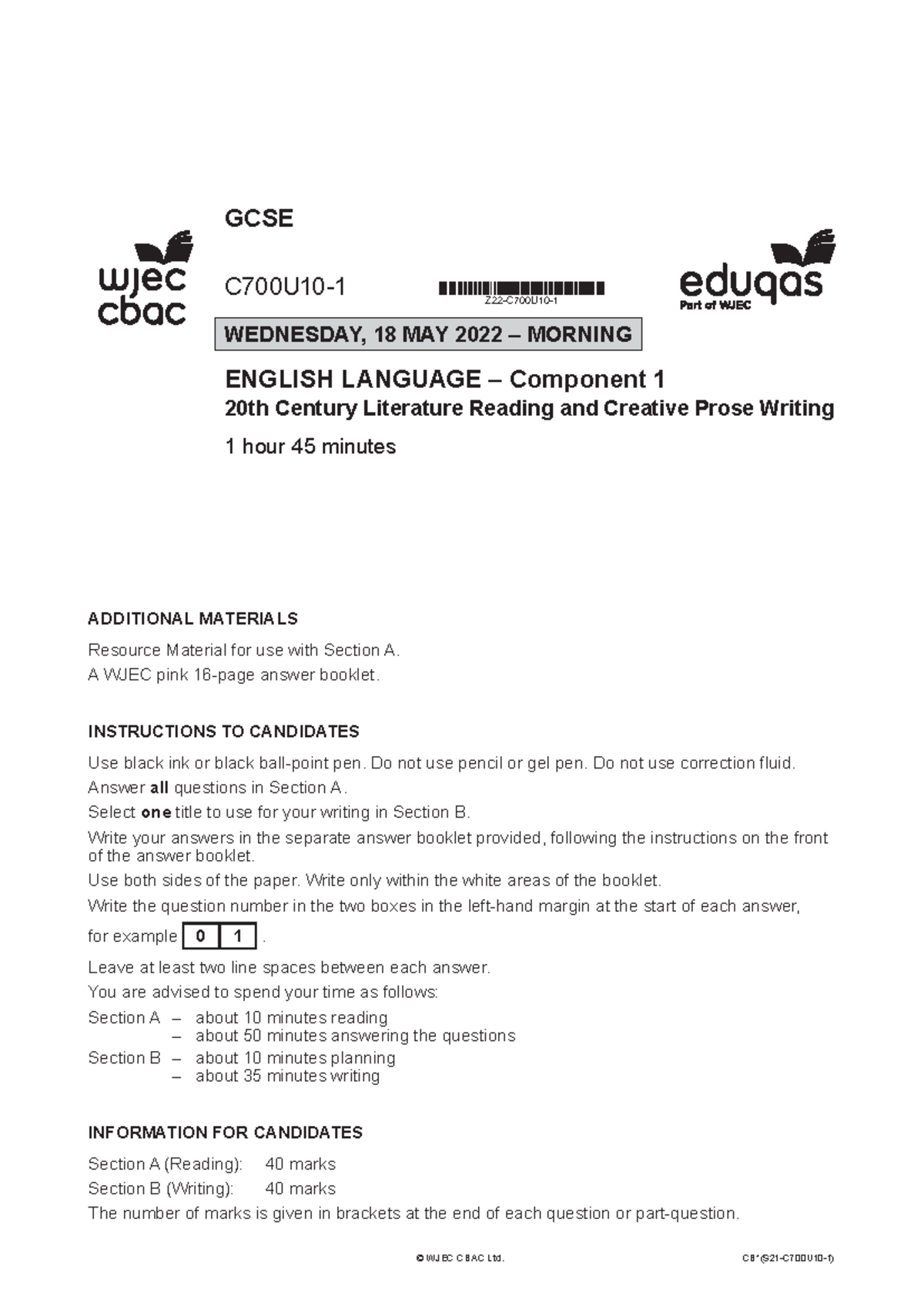 GCSE English Language C700U10: Past Paper 1 Analysis and Responses ...