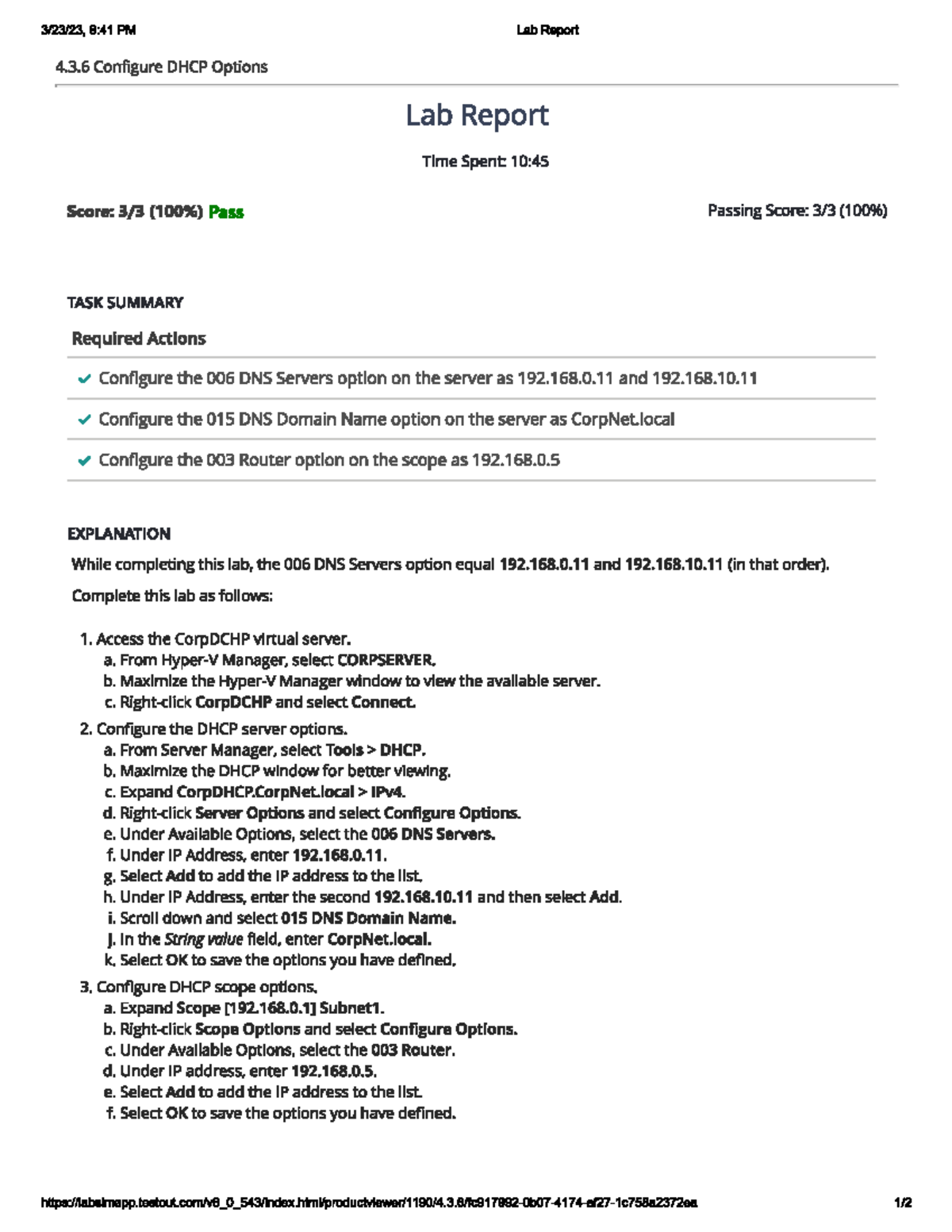 Lab Report 4.3.6: Configuring DHCP Options for CorpNet Network - Studocu