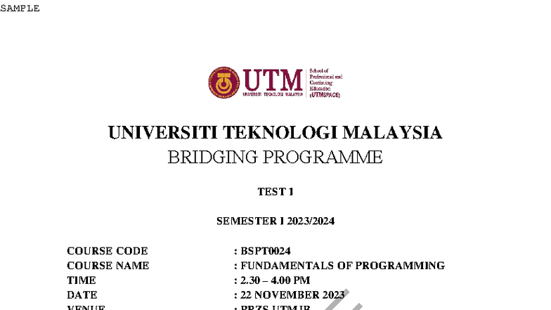Sample Test for Fundamentals of Programming (BSPT0024) - Semester I ...