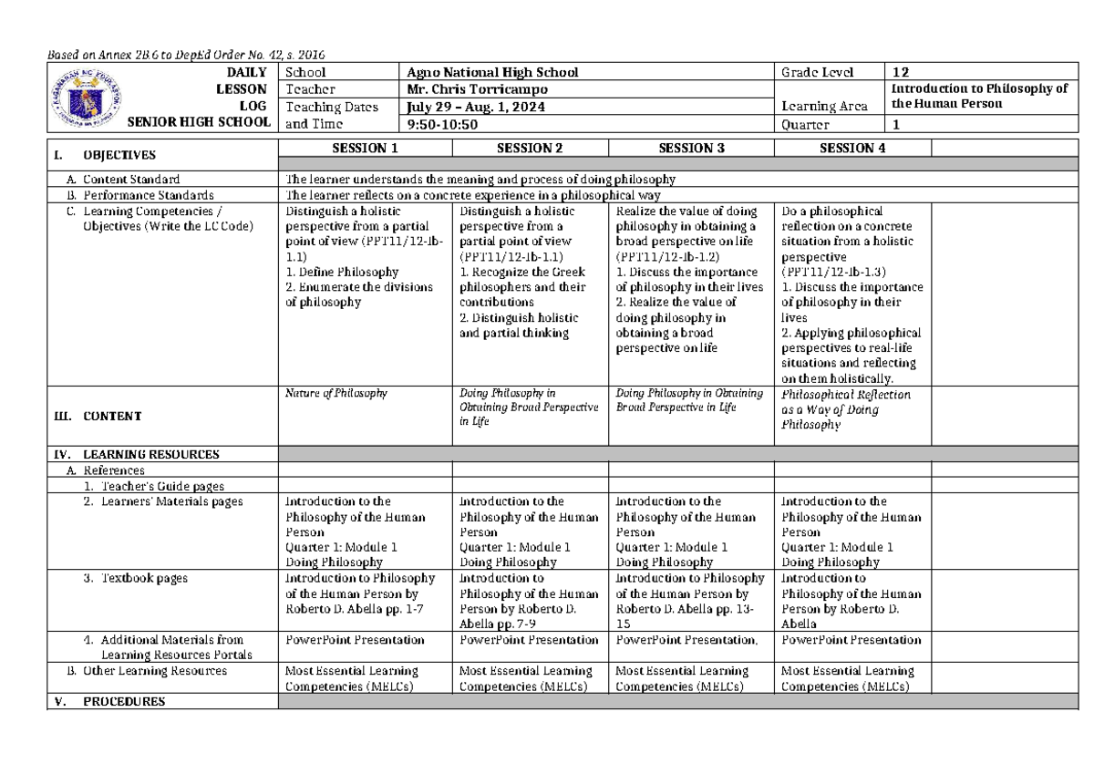 IPHP HUMSS WEEK 1: Daily Lesson Log for Introduction to Philosophy ...