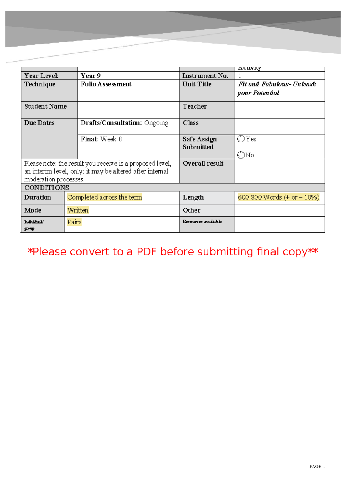 Year 9 HPE Final Assessment: Enhancing Physical Activity & Health - Studocu