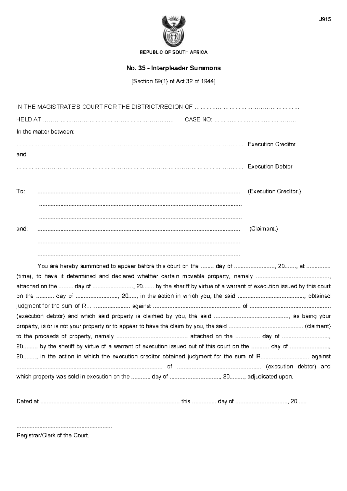 J915 Interpleader Summons - Court Document No. 35 - Studocu