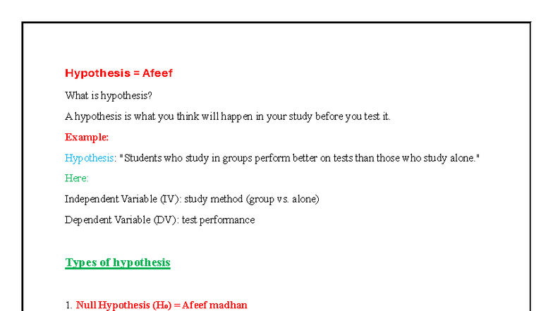 Hypothesis Testing: Understanding IV, DV, and Types (Afeef) - Studocu