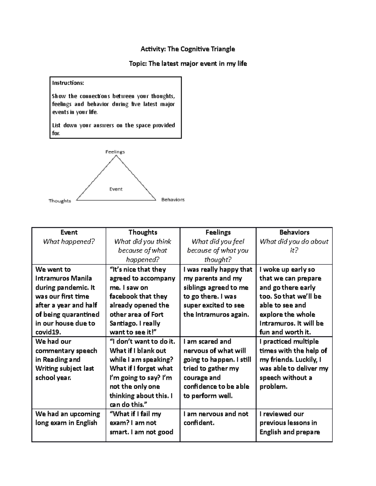 Cognitive Triangle - Personal Development Homework - Activity: The ...