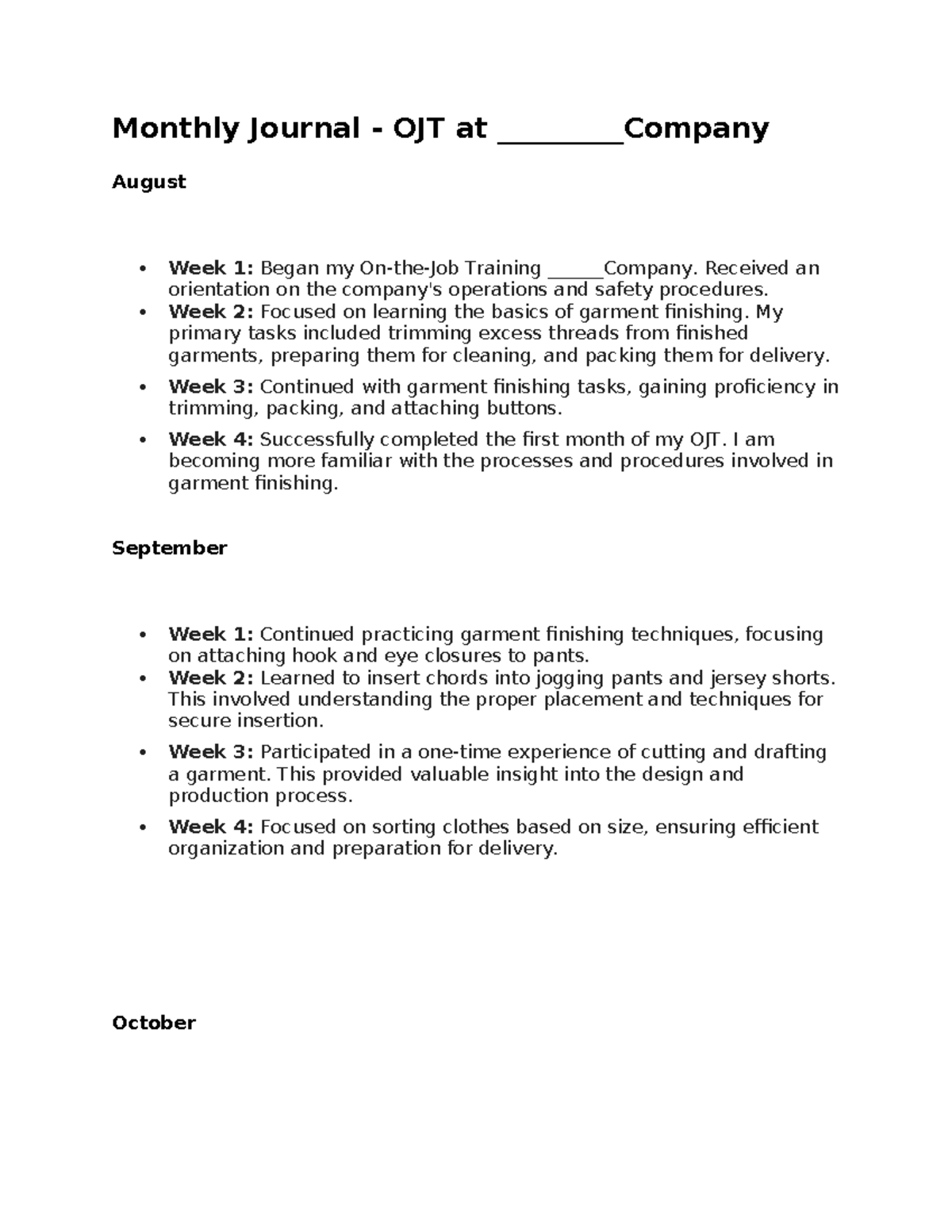 OJT Monthly Journal: Practical Experience in Garment Finishing - Studocu