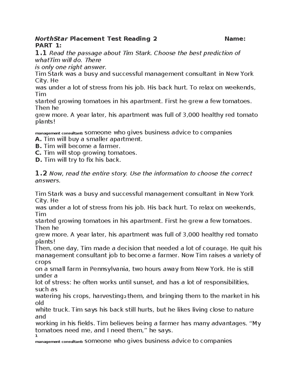 Reading Placement Test (Pre-Course) - NorthStar Level 2 - Studocu