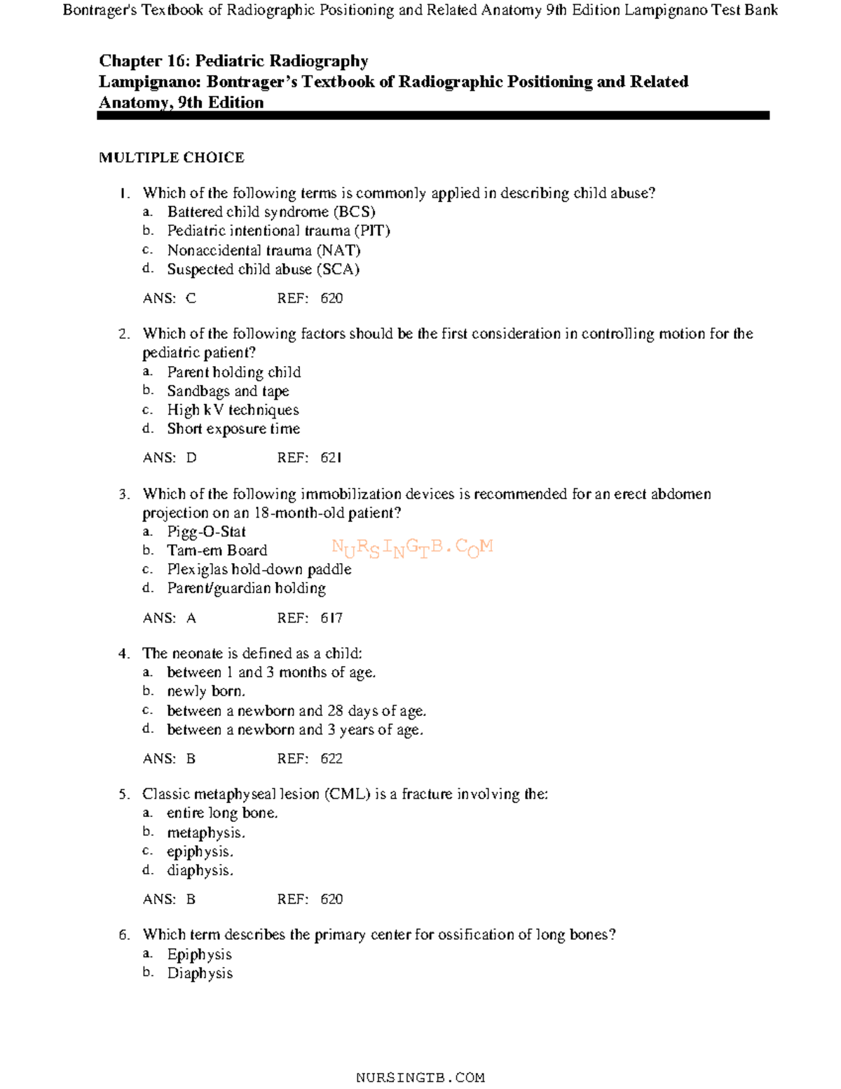 Radiographic Positioning & Anatomy 9th Ed. Lampignano Test Bank ...
