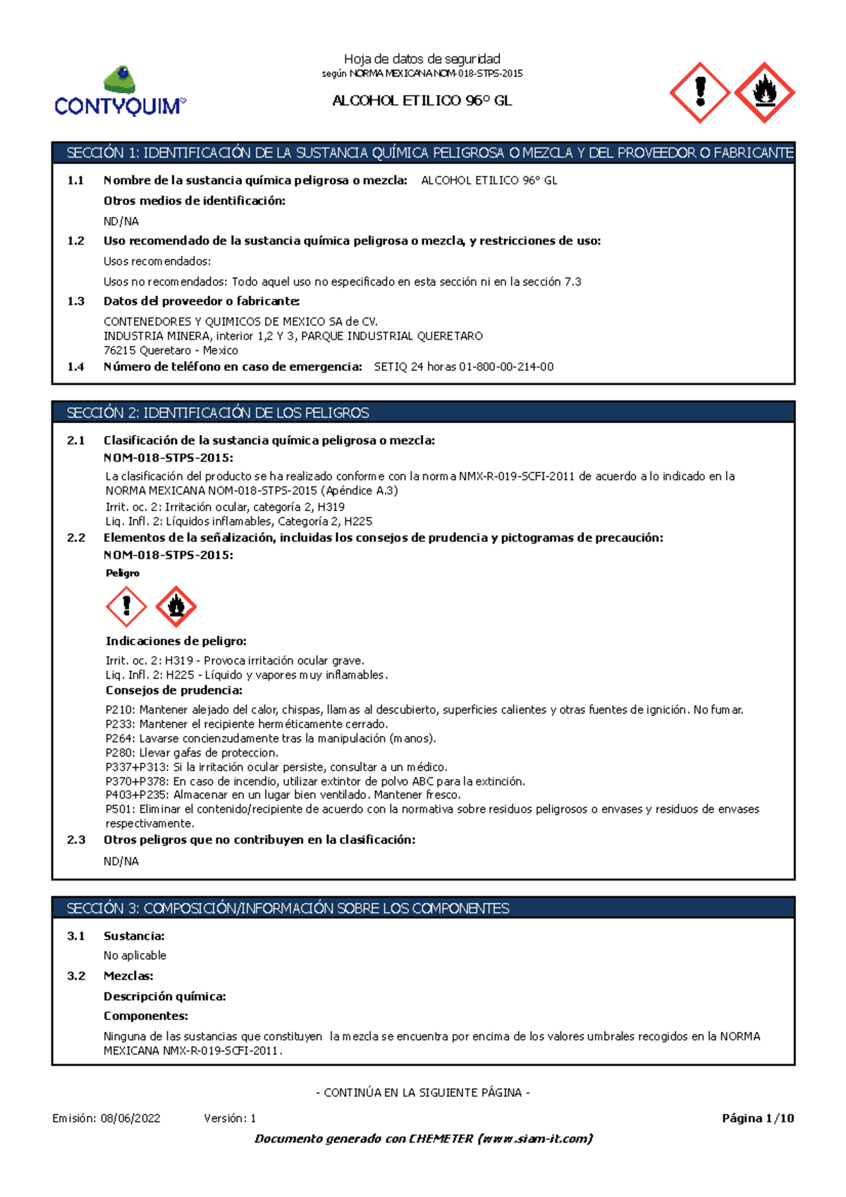 Hoja de Datos de Seguridad: Alcohol Etílico GL - Norma Mexicana - Studocu