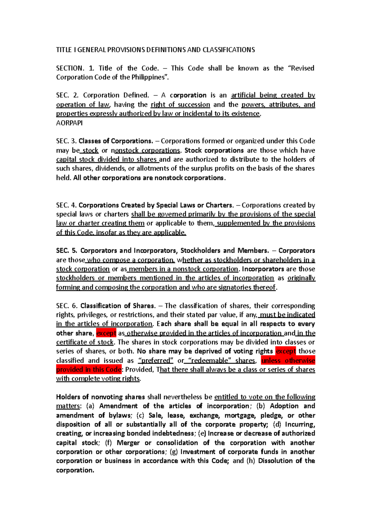 Revised Corporation Code Notes (CODAL-1-20) for Corporate Law - Studocu