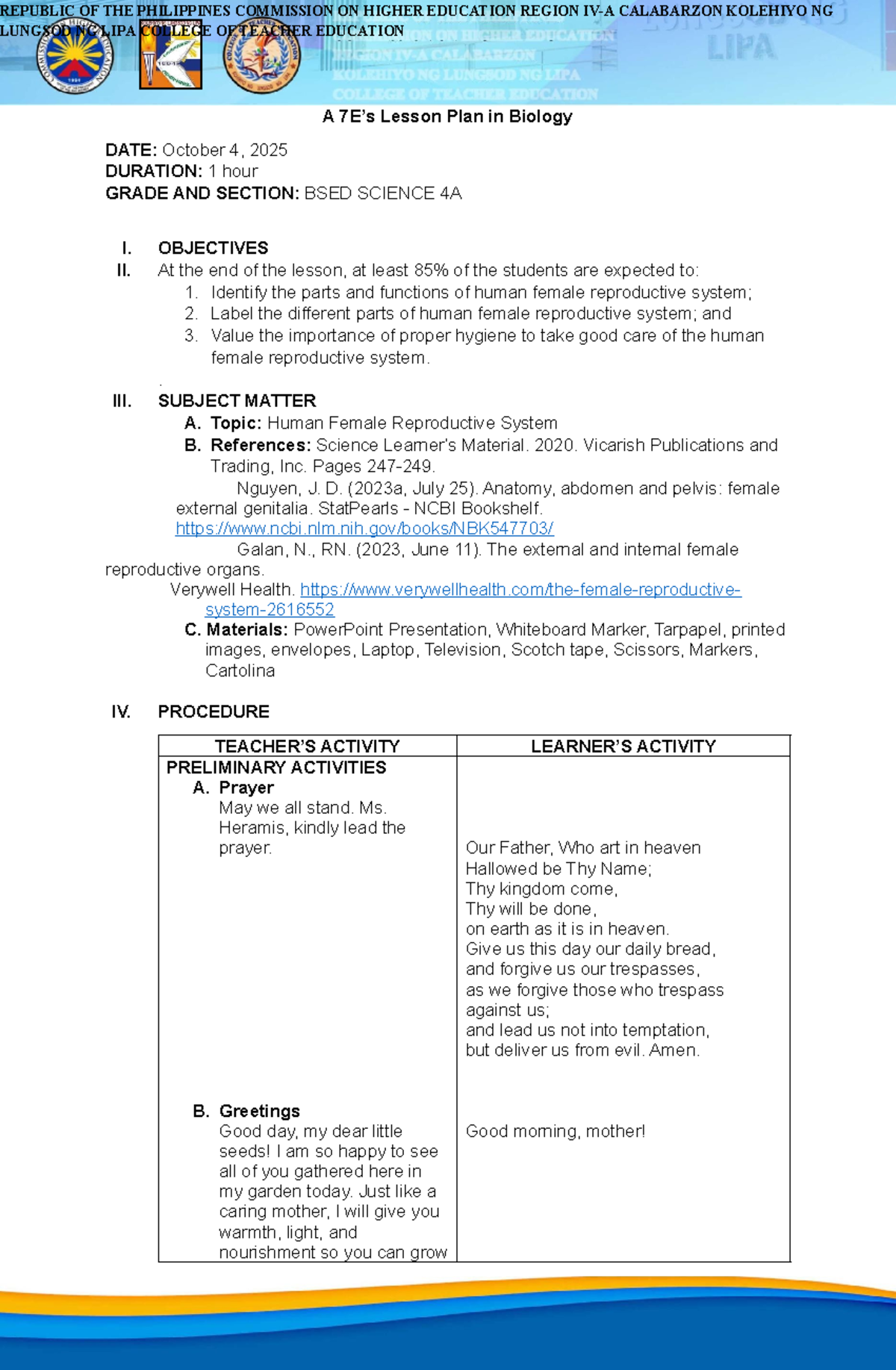 BSED SCIENCE 4A Lesson Plan: Understanding the Female Reproductive System - Studocu