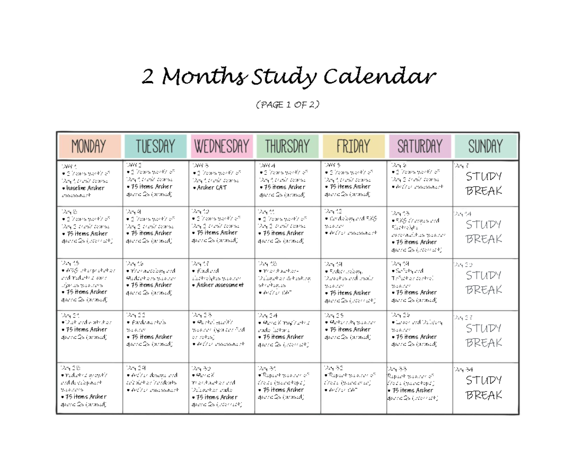 2 Months Study Calendar - DAY 1 2 hours worth of Day 1 crash course ...
